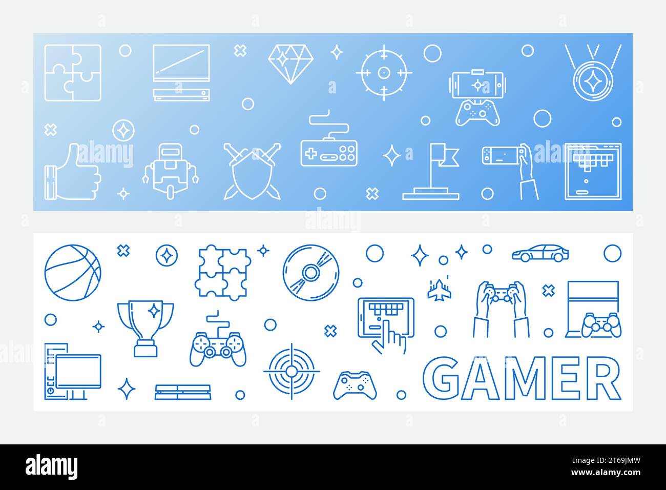 Gamer concept horizontal banners in thin line style. Vector ...