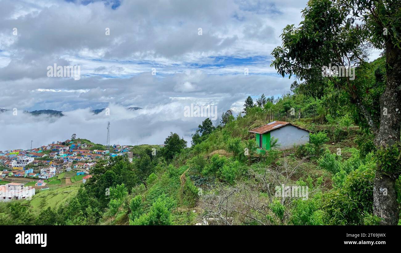 An aerial view of Poombarai-Kodaikanal, India, with lush green valleys ...