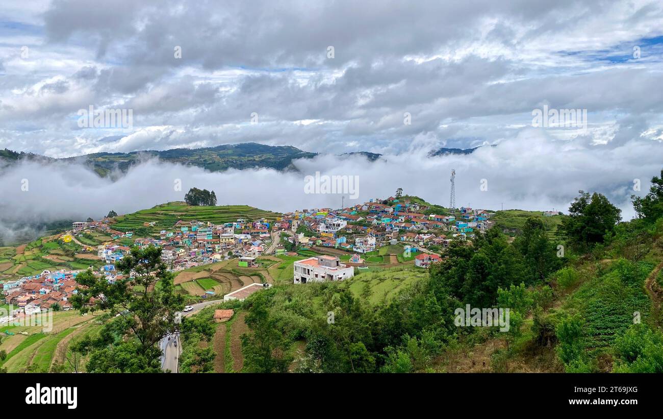 An aerial view of Poombarai-Kodaikanal, India, with lush green valleys ...