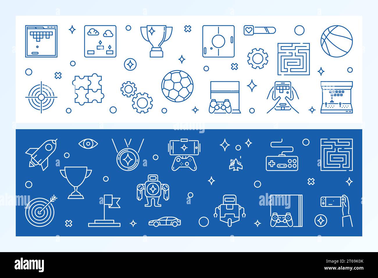 Games concept horizontal banners. Vector illustration in outline style ...