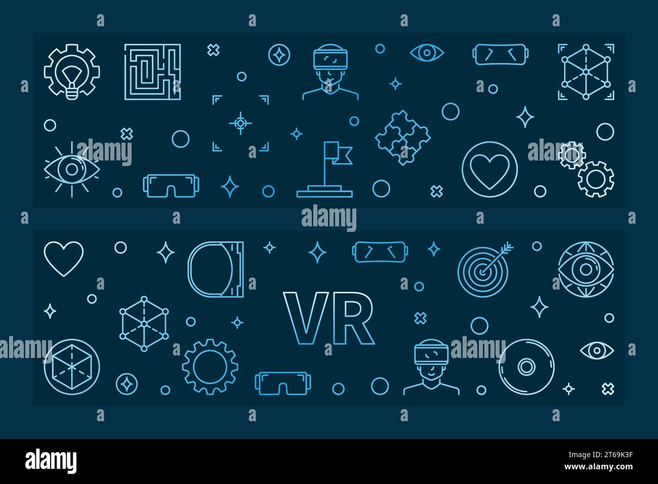 Set of 2 VR concept blue linear banners. Vector Virtual Reality modern ...