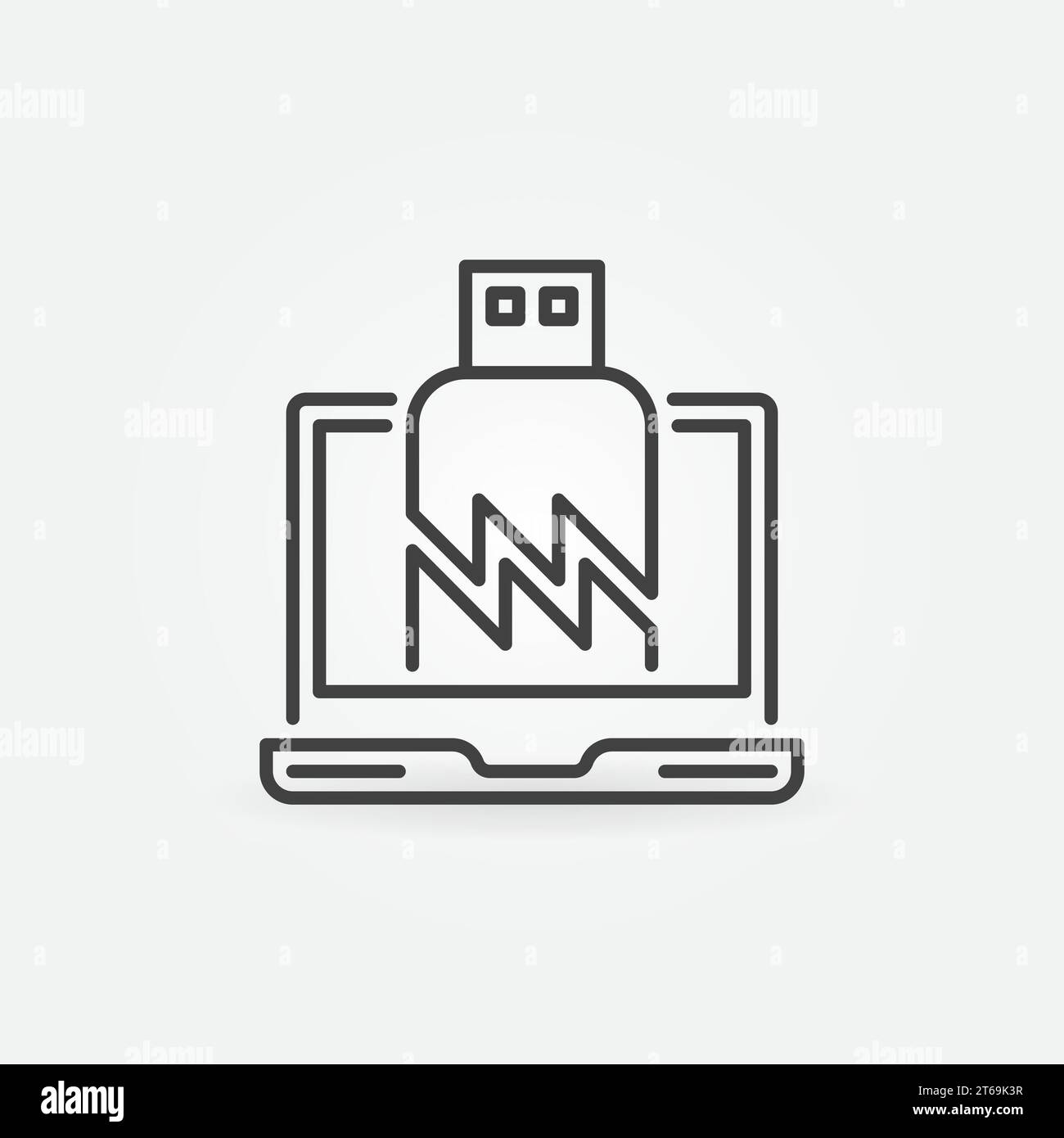 Laptop with Damaged USB memory stick vector thin line icon. Data lost ...