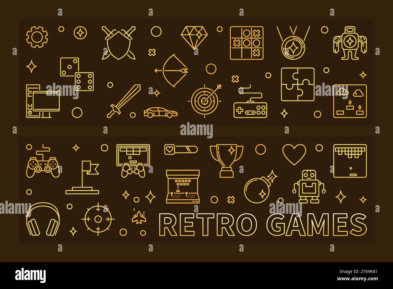 Set of two Retro Games concept outline golden banners. Vector ...