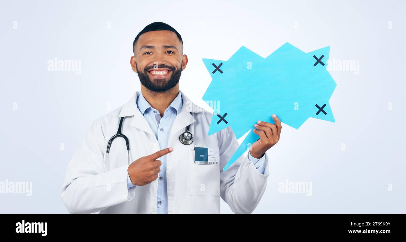 Doctor, speech bubble and communication mockup, chat poster or ...