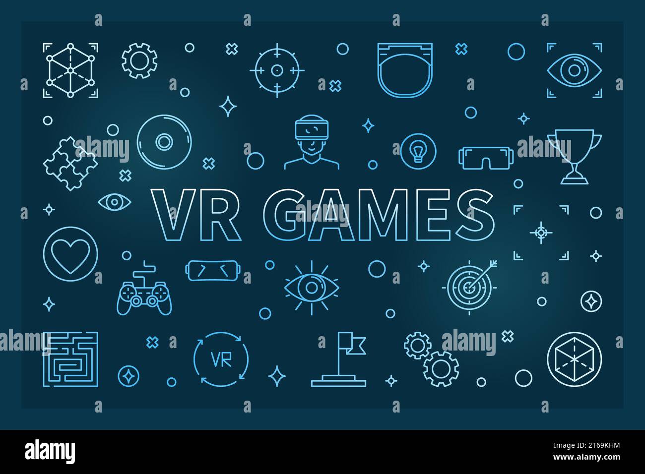 VR Games concept blue outline illustration. Vector Virtual Reality ...