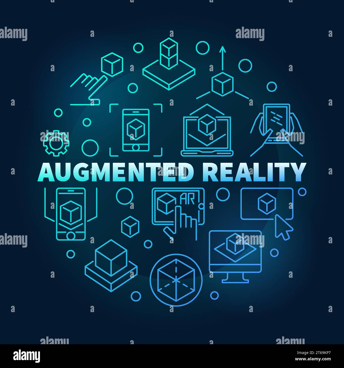 Augmented reality vector blue round illustration. AR outline icons in ...