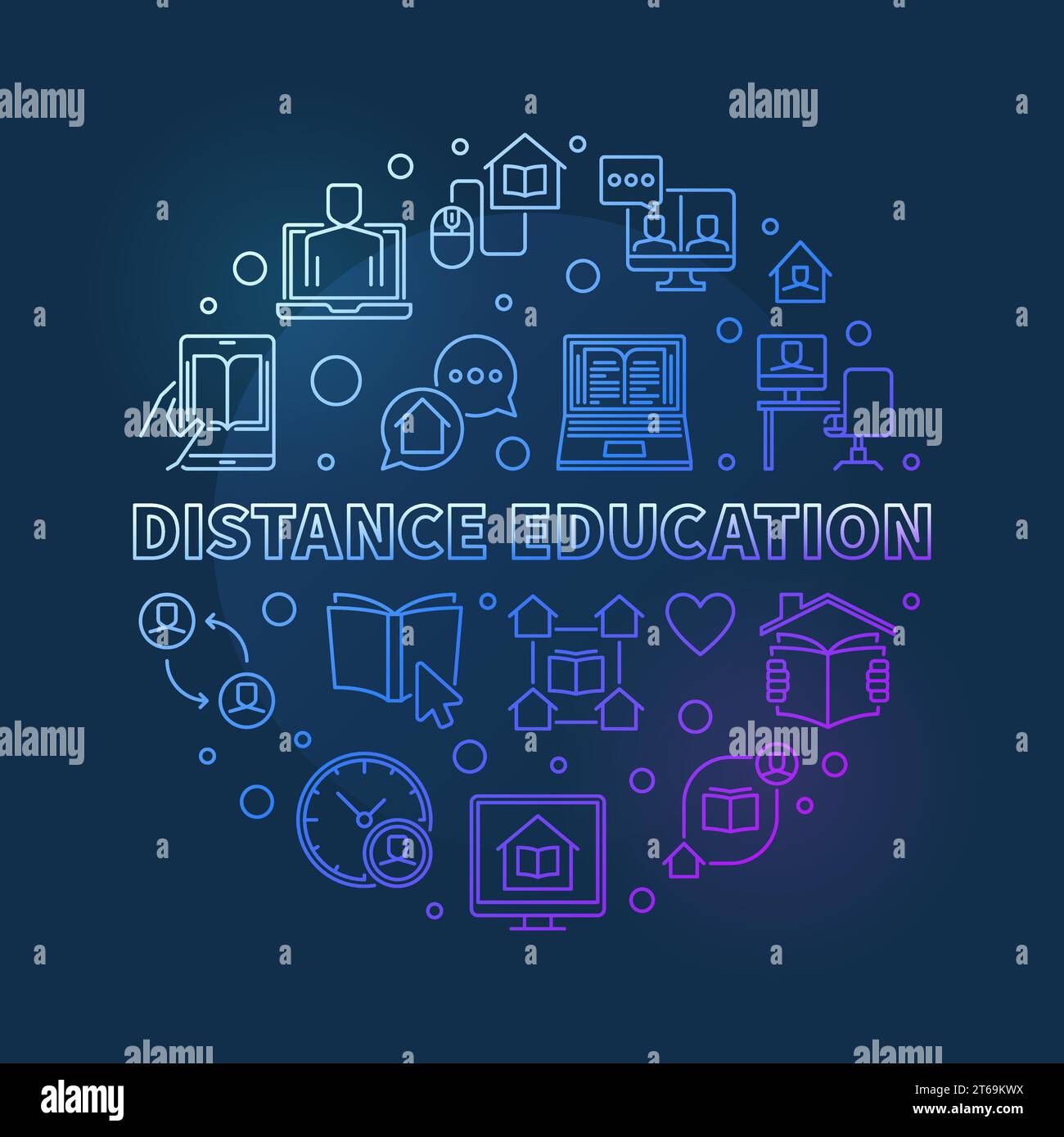 Distance Education vector colored concept round outline illustration on ...