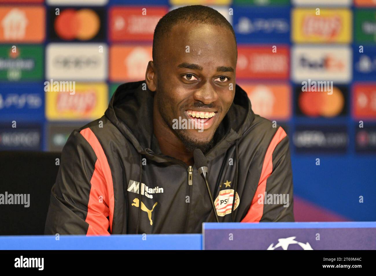 Jordan Teze (3) of Eindhoven pictured during the press conference after ...