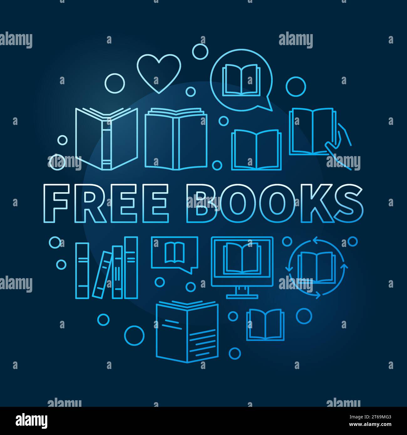 Free Books concept blue circular outline vector illustration on dark ...