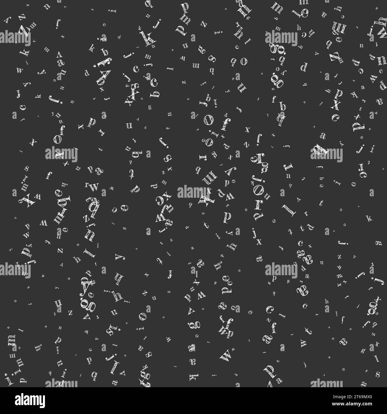 School notebook cover. White chalk floating letters of Latin alphabet ...