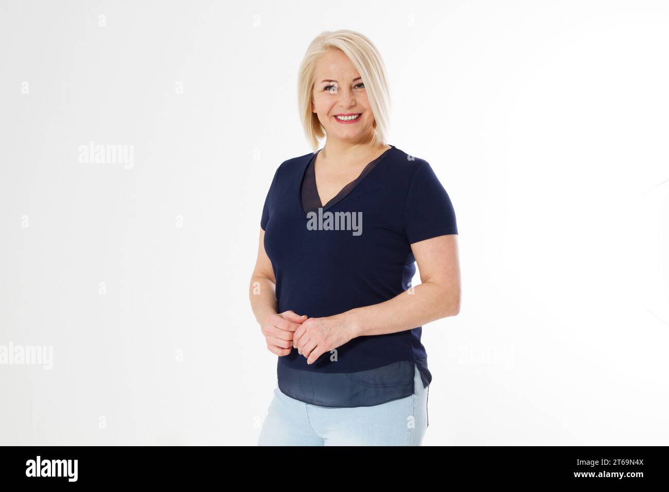 Smile middle-agew woman on white background Stock Photo - Alamy