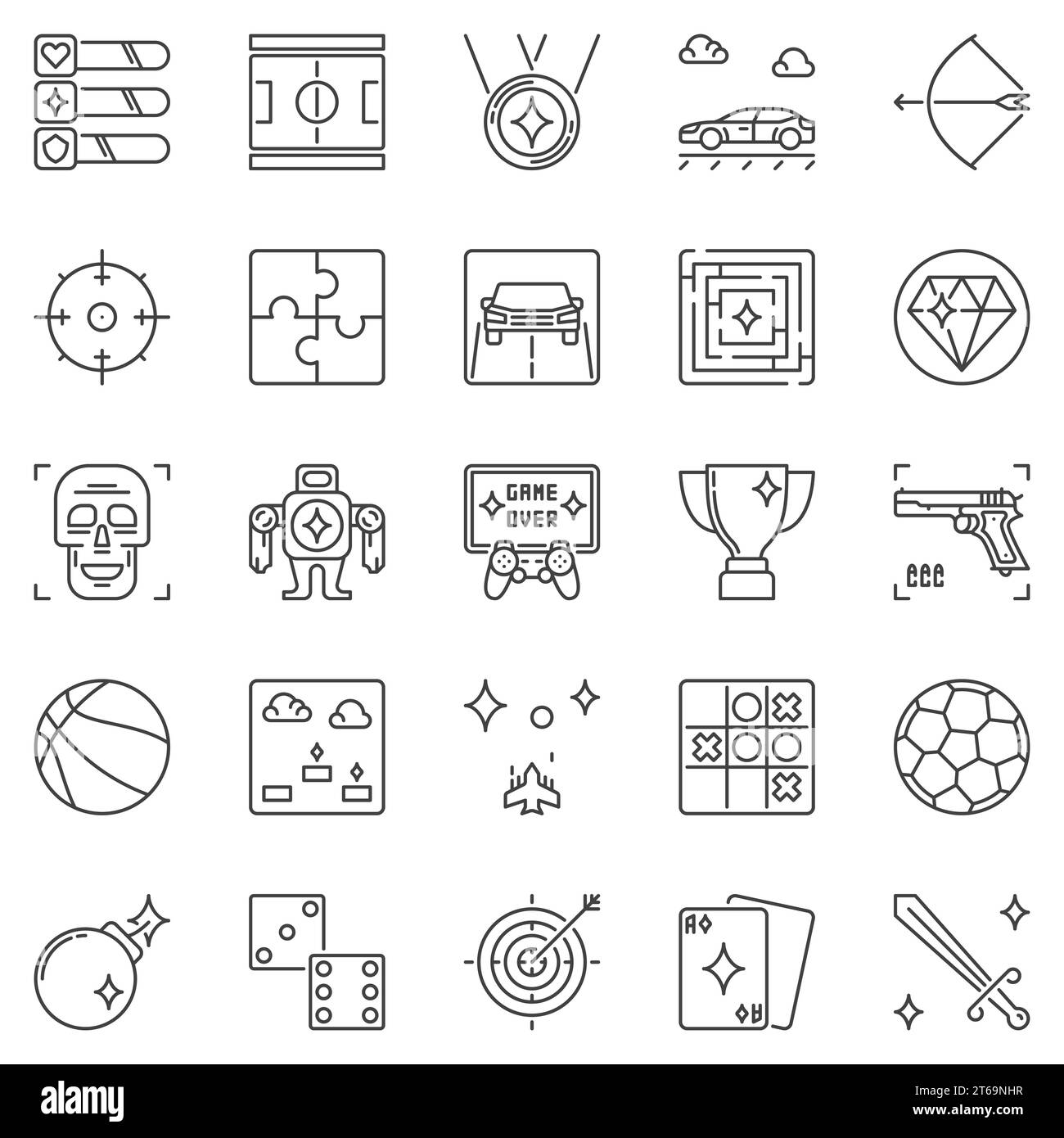 Video Games and Entertainment vector icons set in thin line style. Game outline concept symbols ...