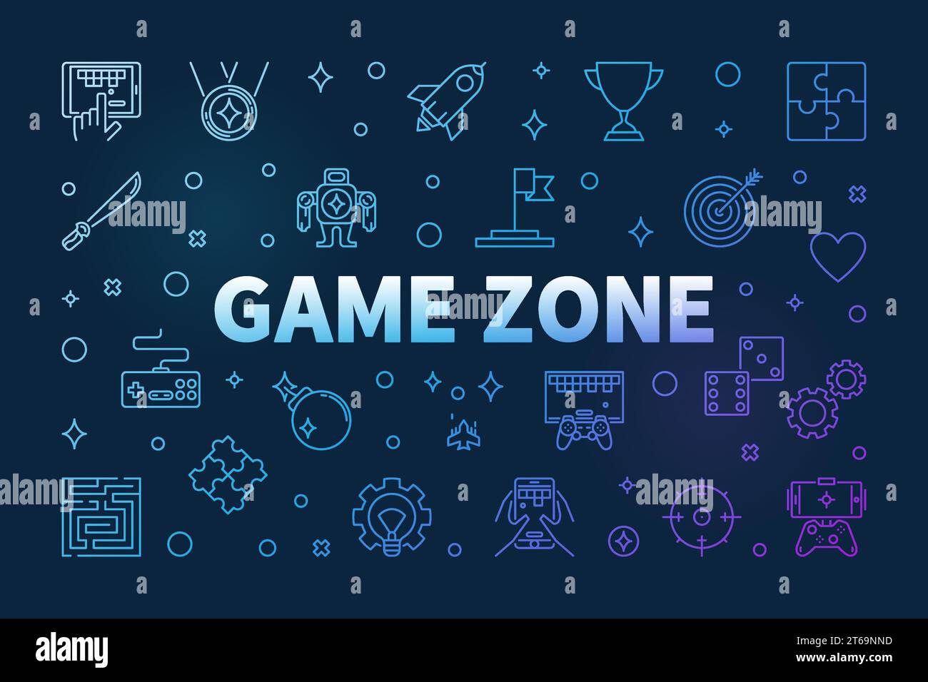 Game Zone vector colored outline horizontal illustration on dark ...