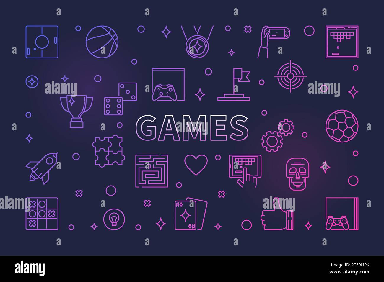 Games vector colored concept linear horizontal banner or illustration ...