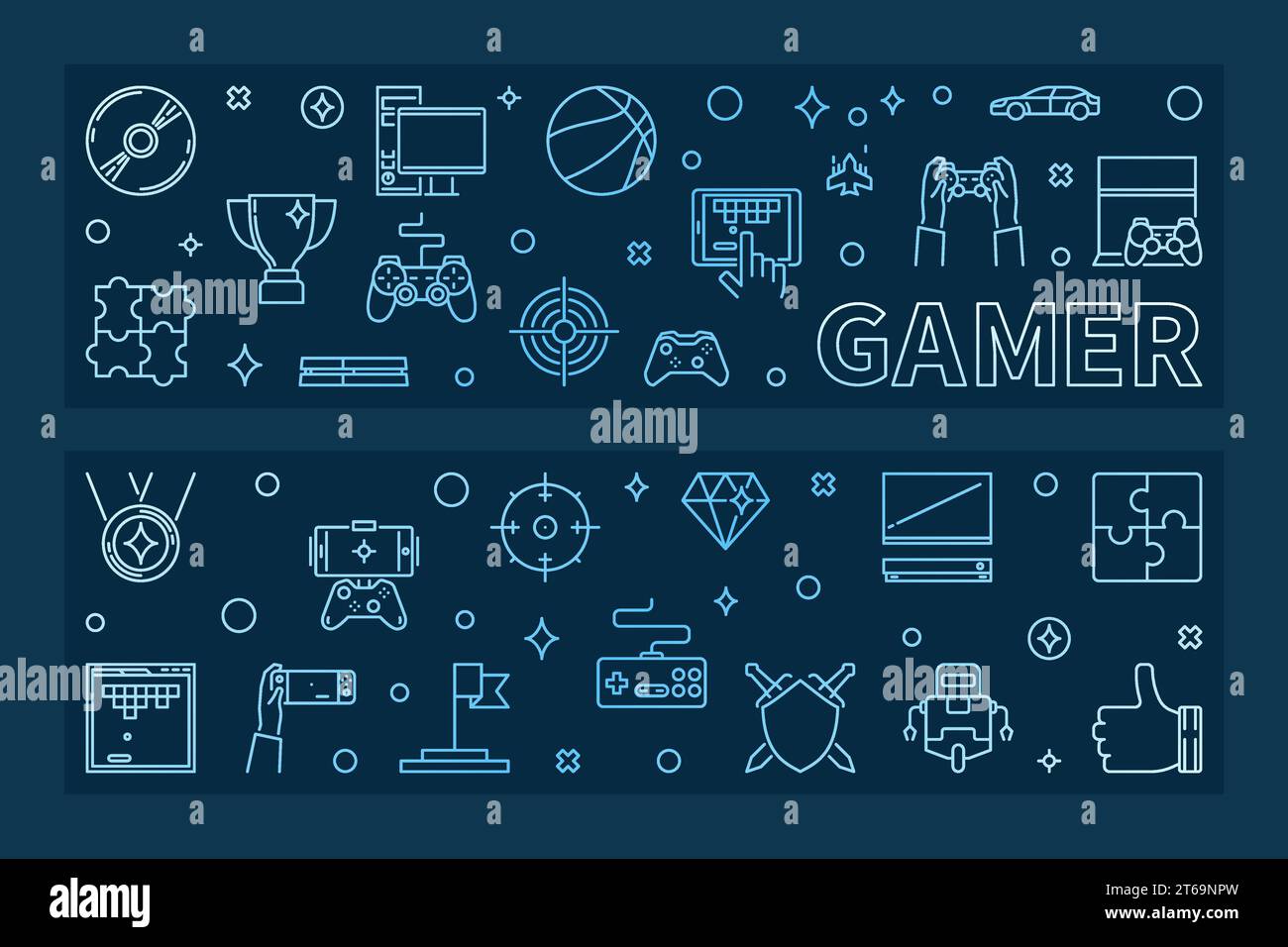 Gamer concept blue horizontal banners in outline style. Vector ...