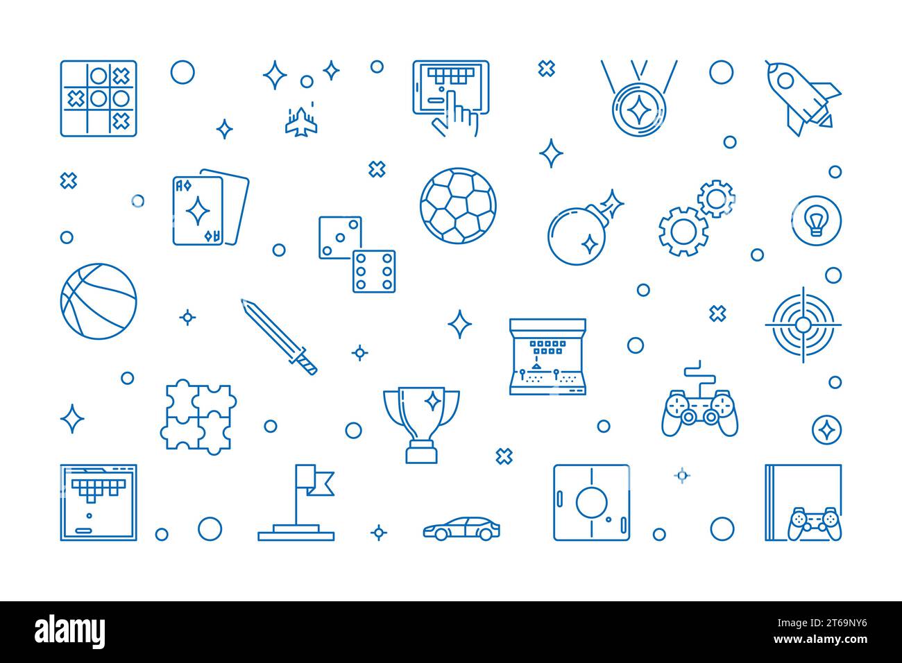 Games vector concept minimal blue outline horizontal illustration or ...