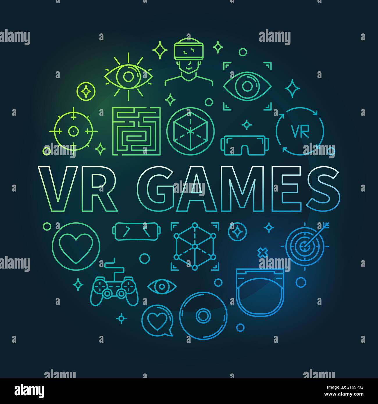 Vector VR Games round concept colorful outline illustration on dark ...