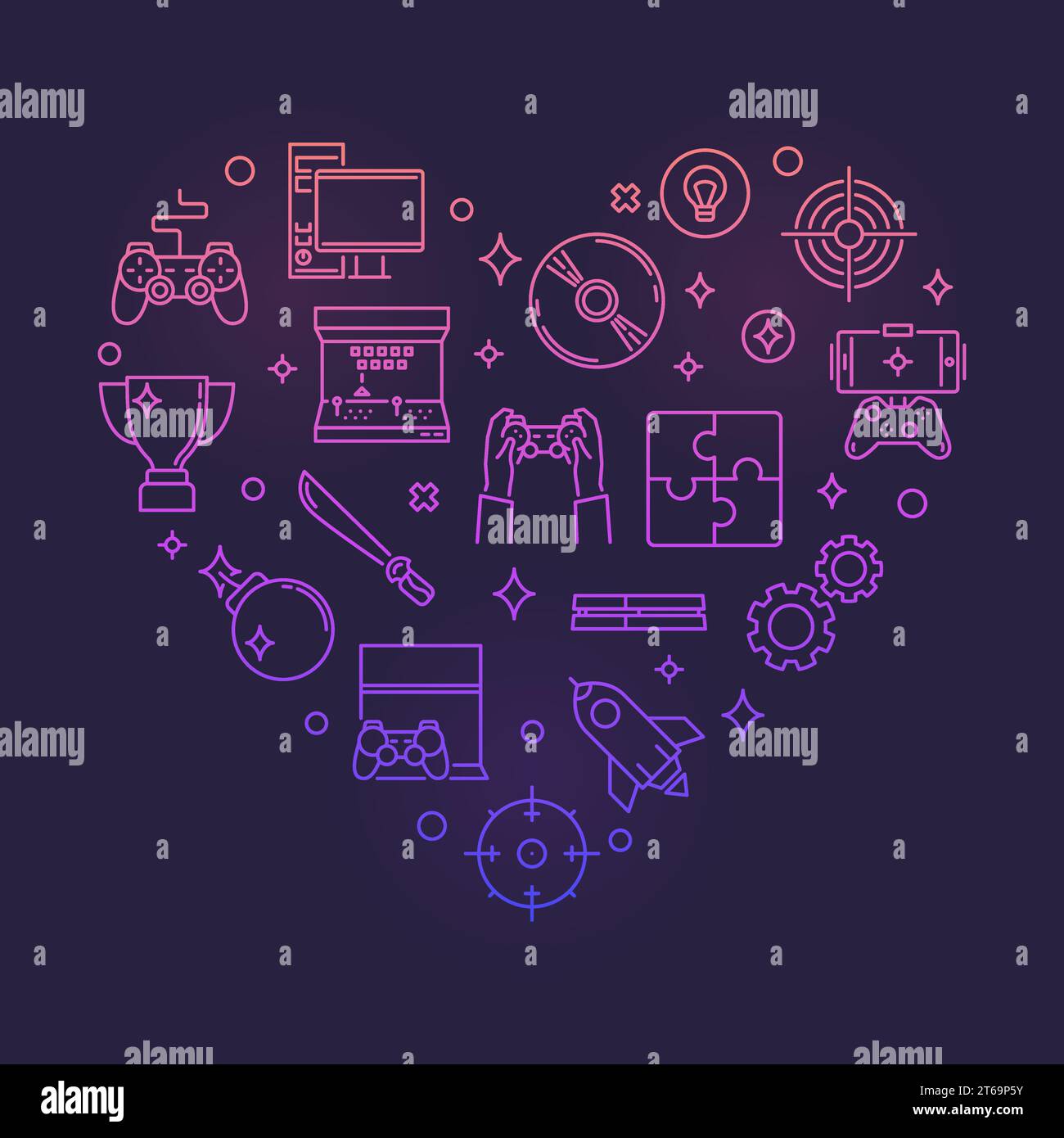Video Games Heart concept colorful outline illustration for gamers on ...