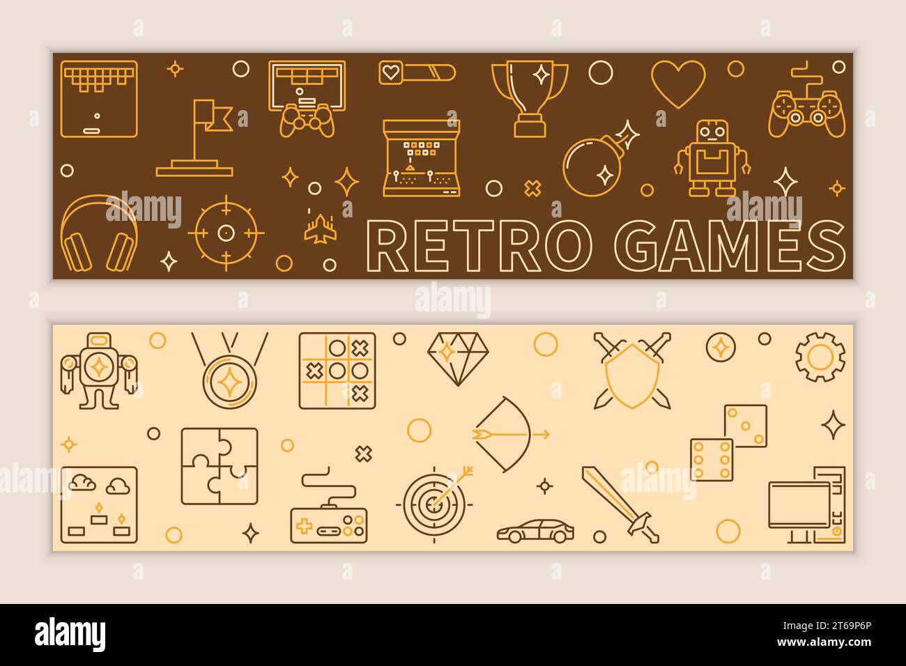 Set of two Retro Games concept linear horizontal banners. Vector ...