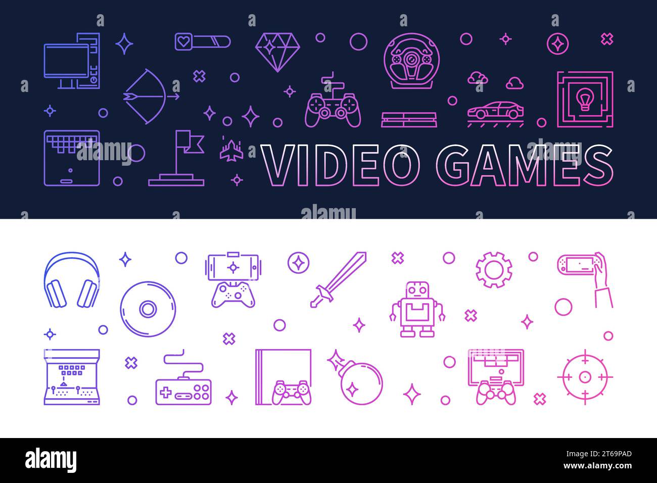 Set of 2 Video Games concept outline modern banners - vector ...