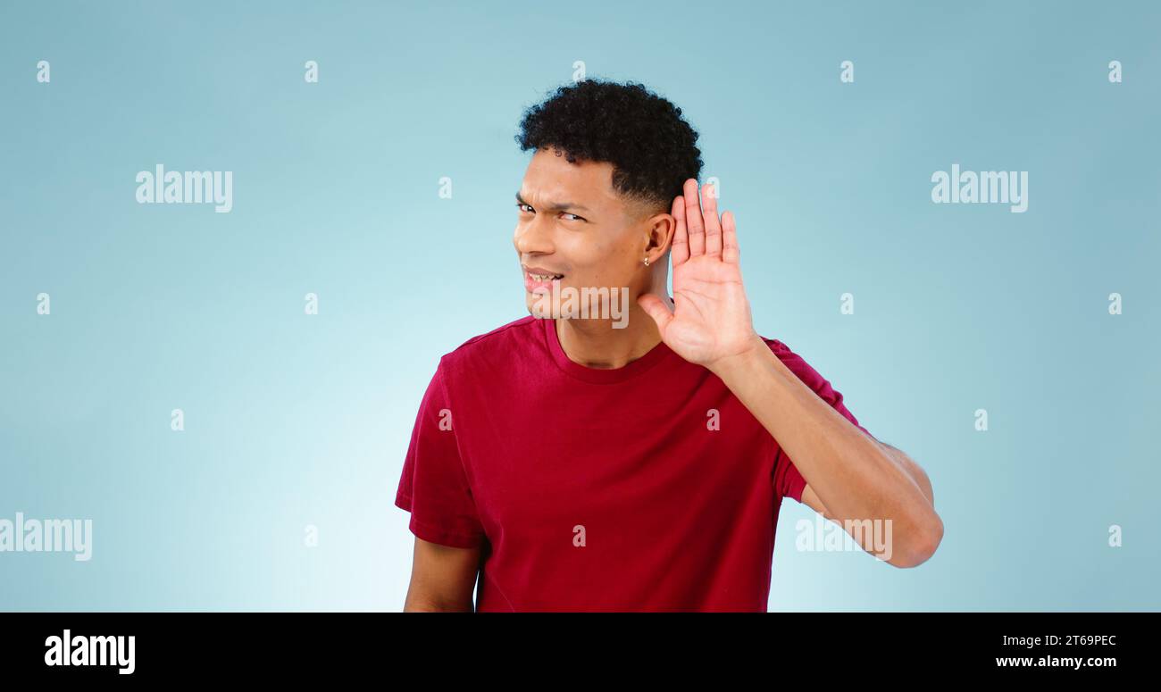 Portrait, overhearing and hand gesture for eavesdropping with a man ...