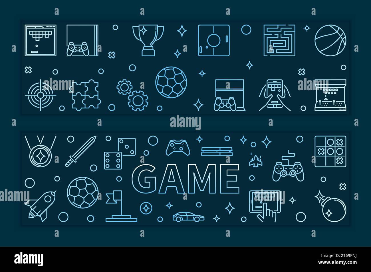 Set of 2 Game blue outline banners. Games concept vector modern ...