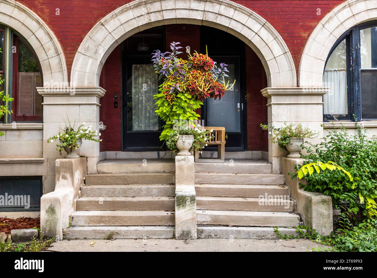 Stone staircase and arcade, detail on a house in the historic Pullman ...