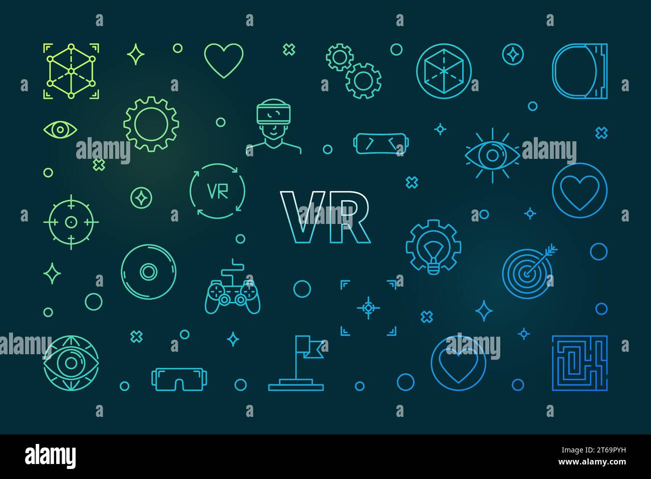 VR concept colored horizontal illustration in thin line style. Virtual ...