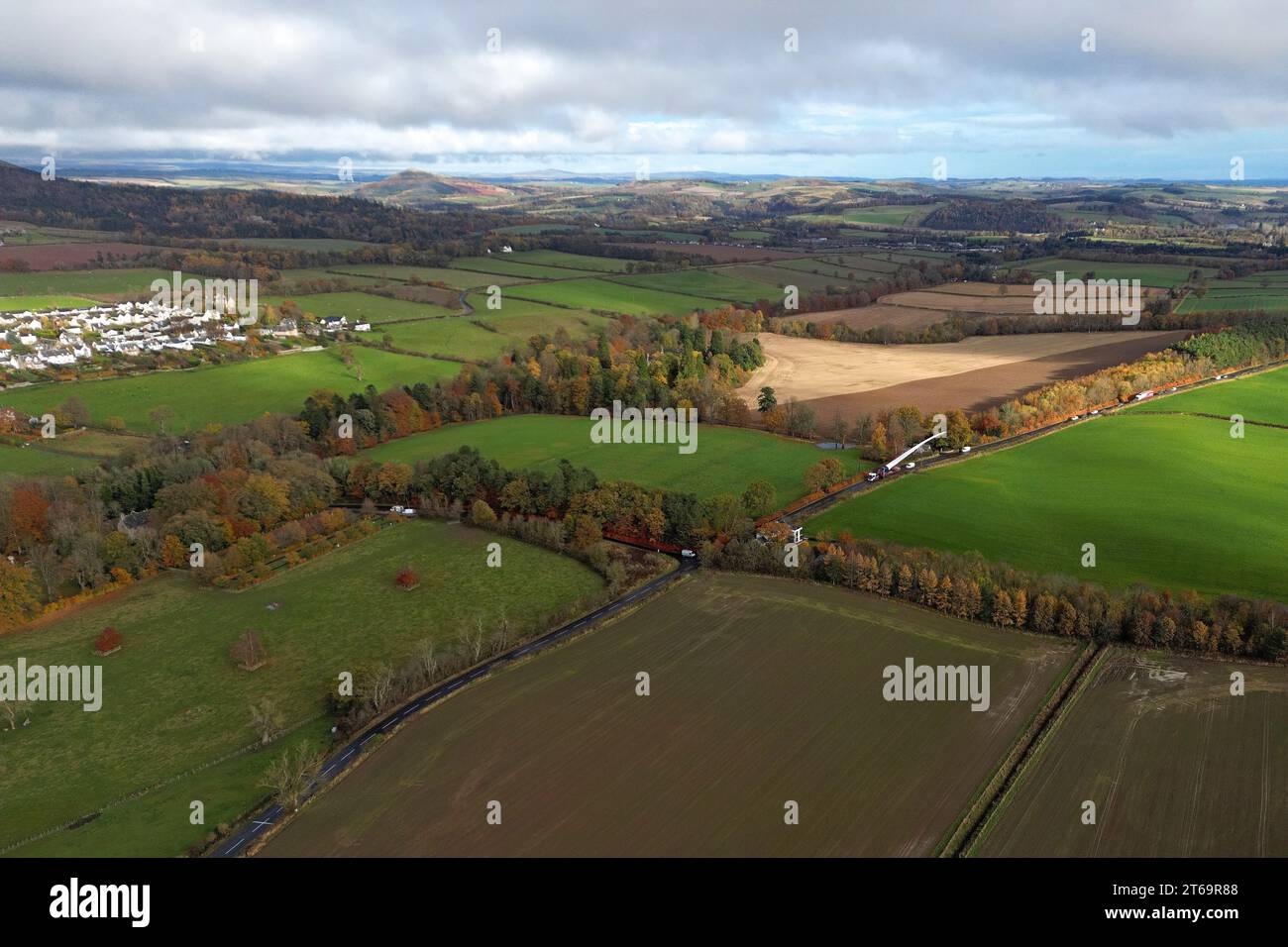 Wind Turbine Blades on transport from holding area to wind fA drone ...