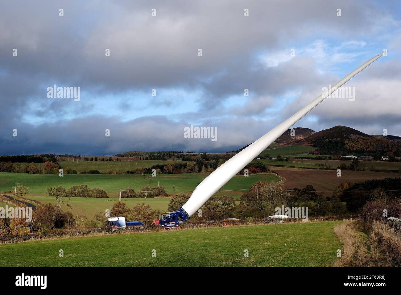 Wind Turbine Blades on transport from holding area to wind fA drone ...