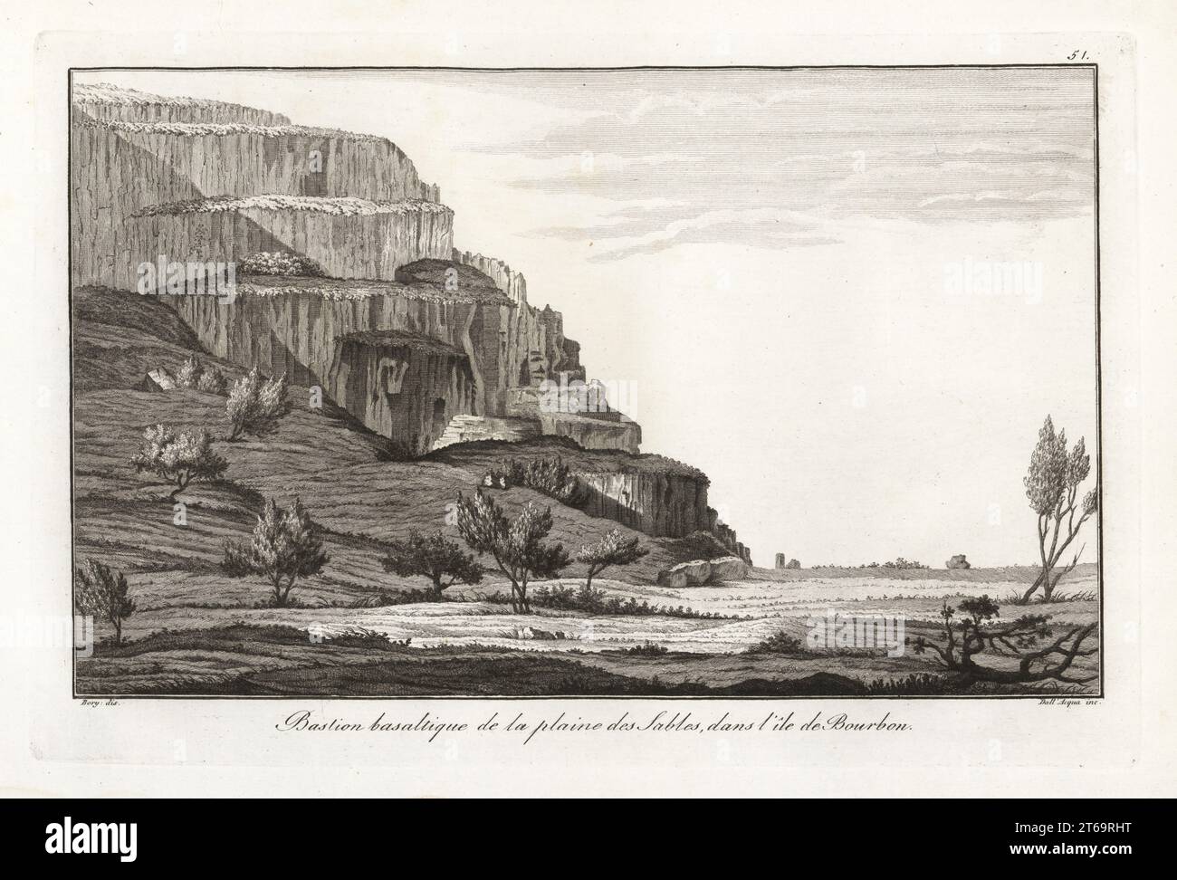 Basalt mass of prismatic columns on a plain of sand, Reunion Island ...