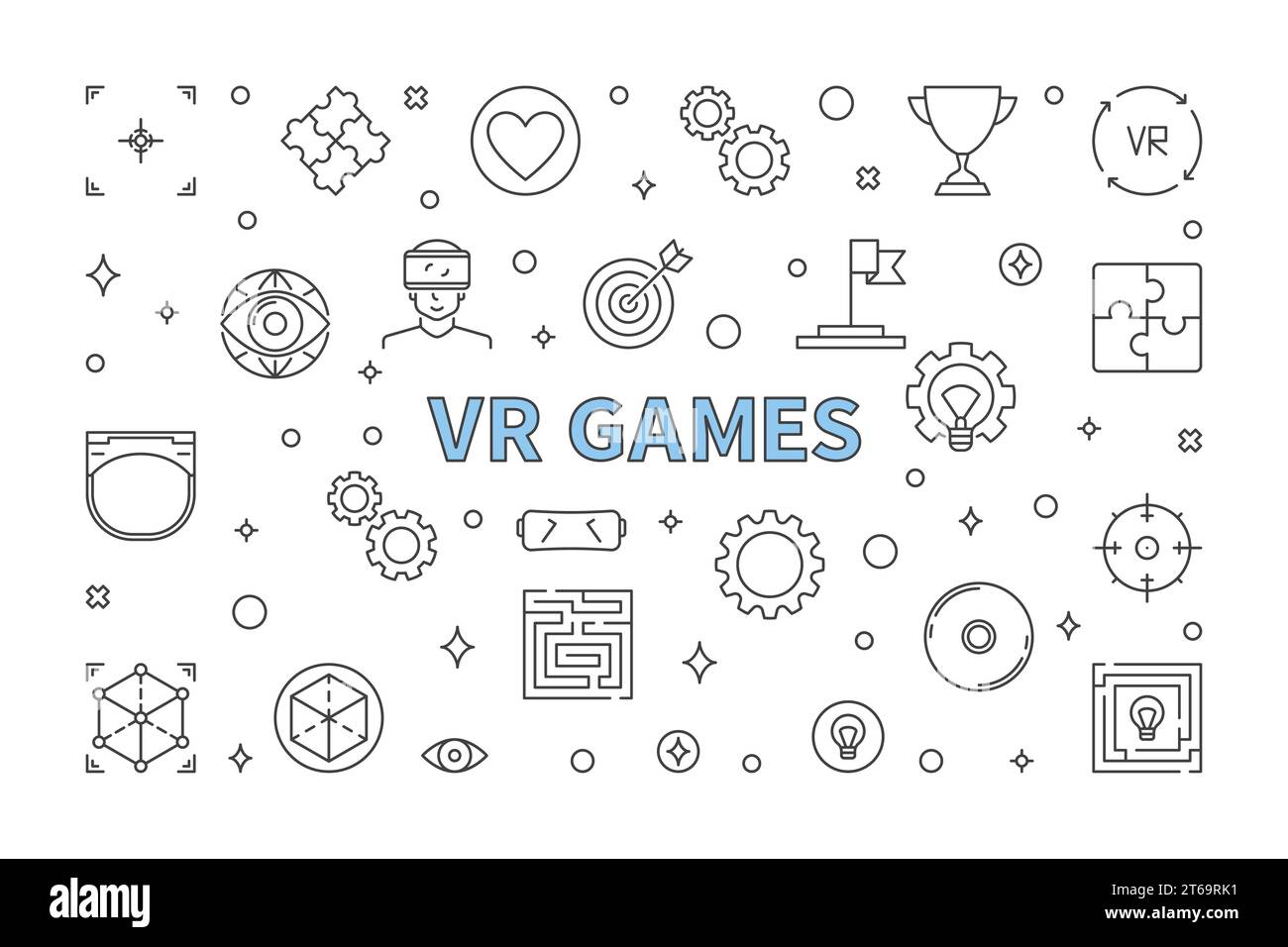 VR Games vector concept horizontal outline illustration on white ...