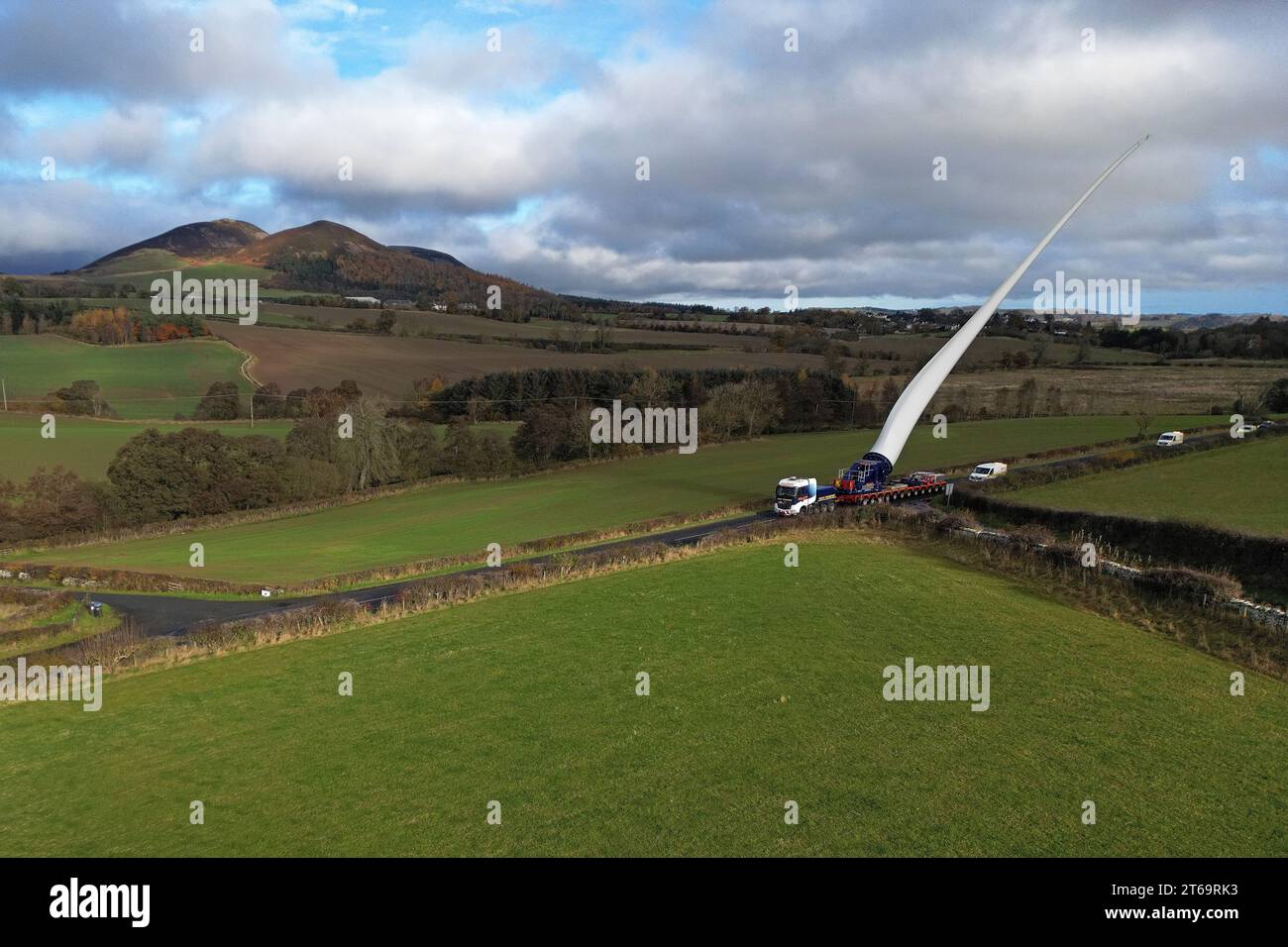 Wind Turbine Blades on transport from holding area to wind fA drone ...