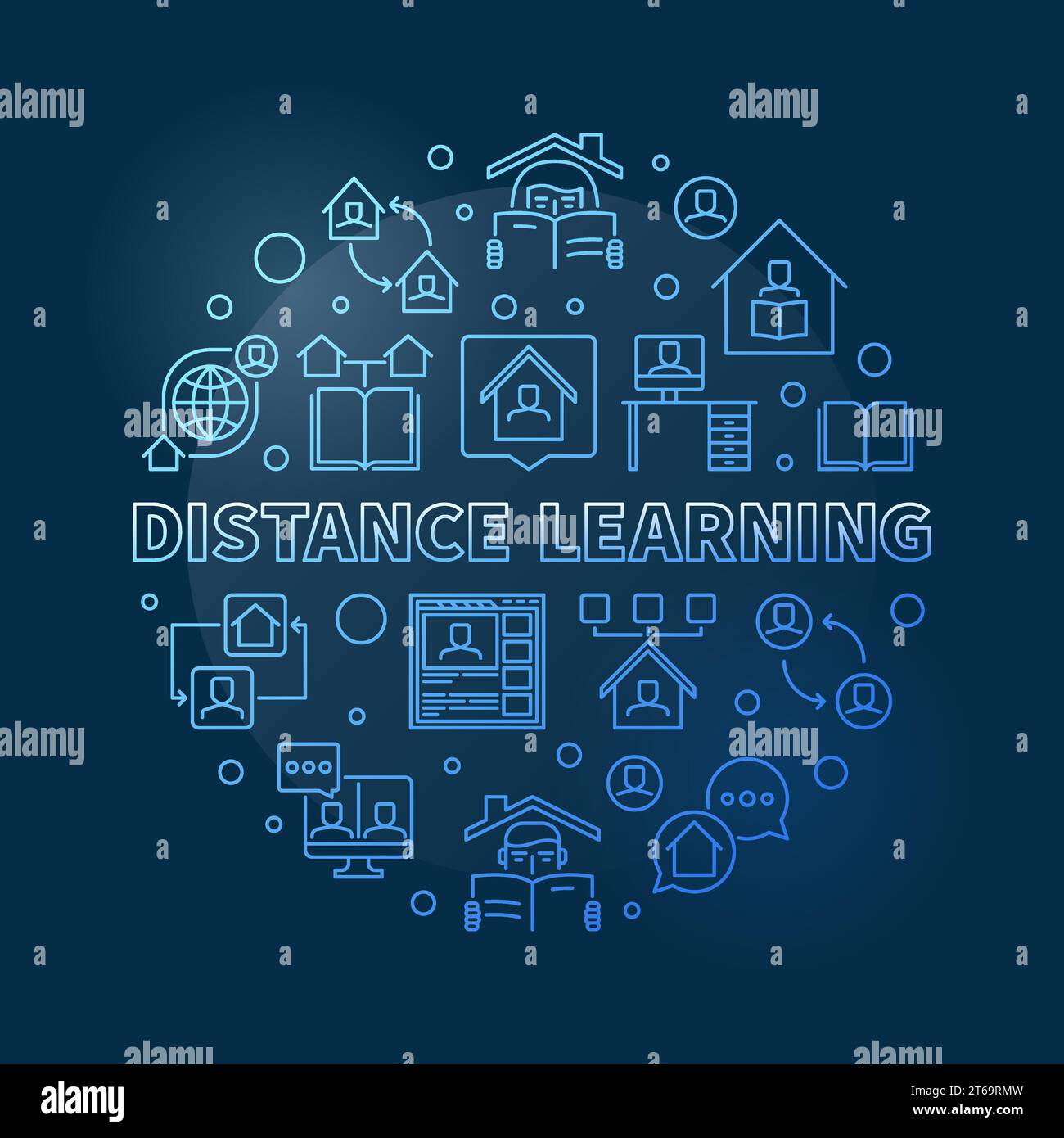 Distance Learning vector concept round thin line blue illustration on ...
