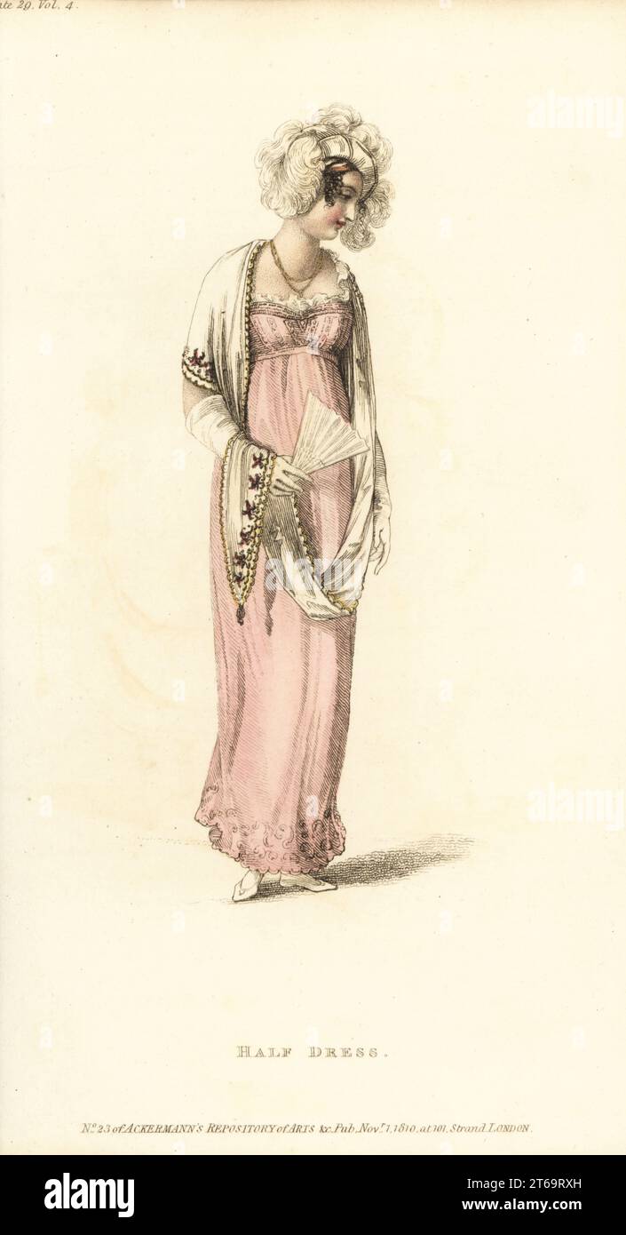 Regency woman in evening or half dress. Round gown of white crepe ...