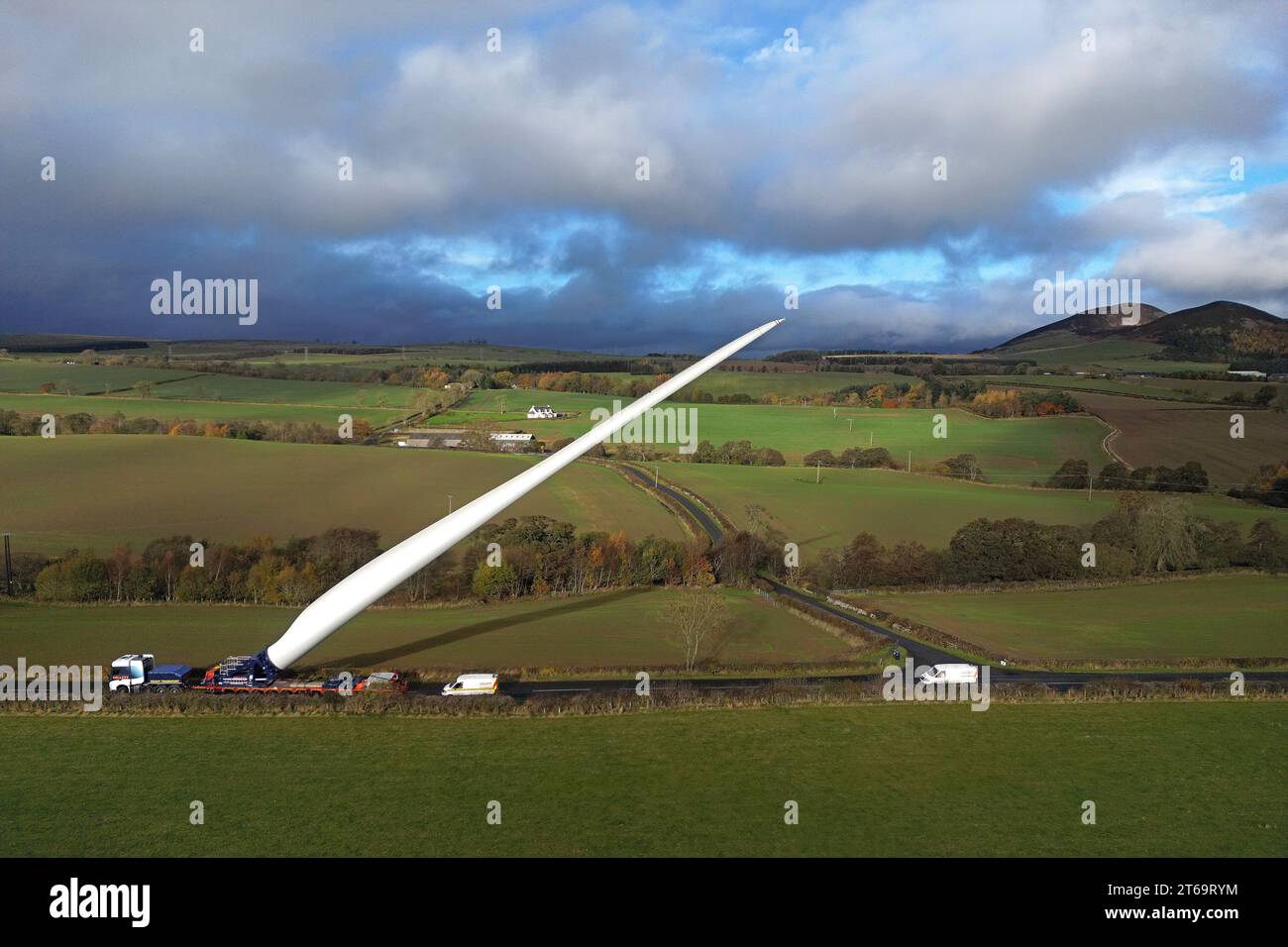 Wind Turbine Blades on transport from holding area to wind fA drone ...