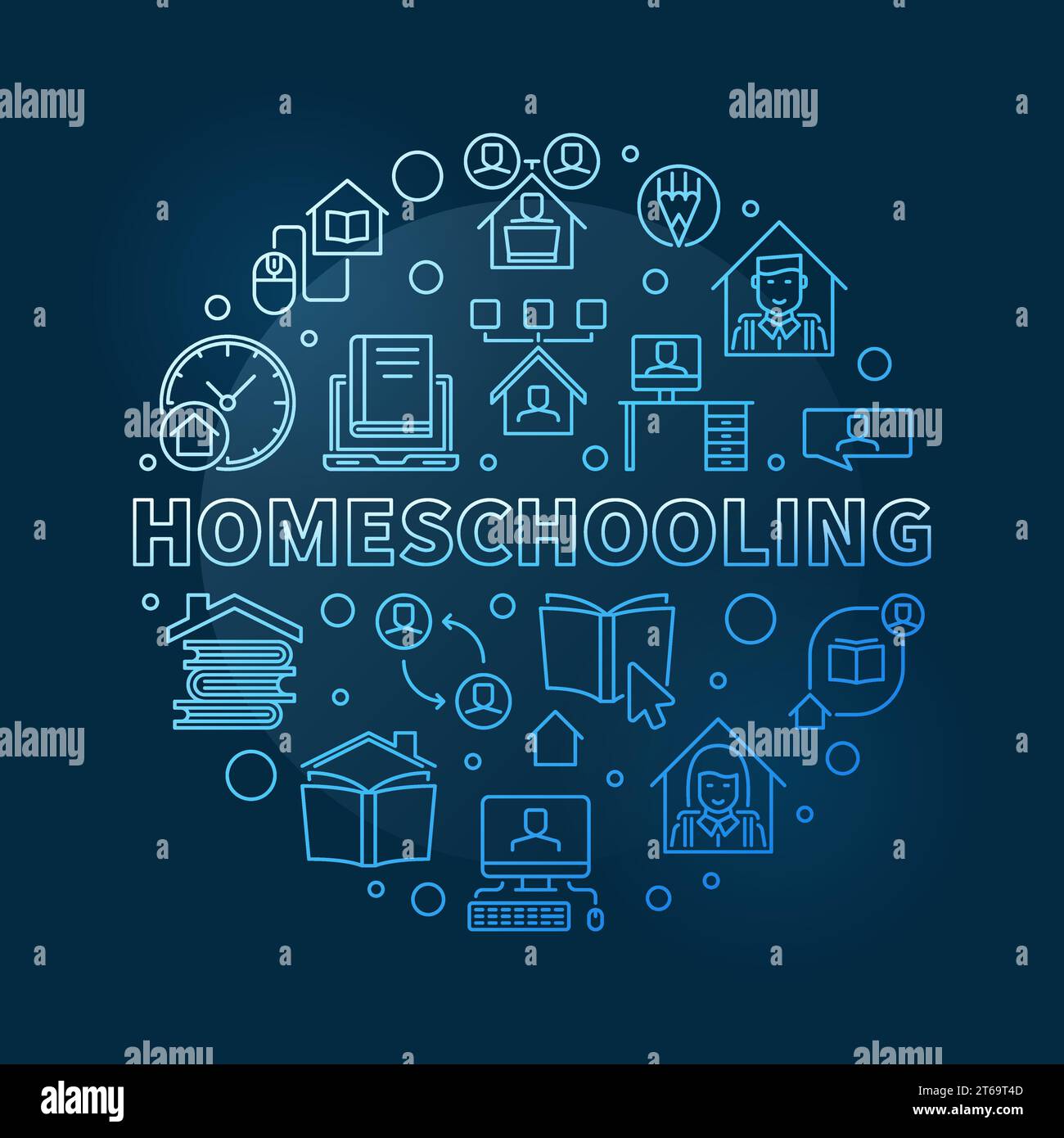 Vector Homeschooling concept round blue linear illustration or banner ...