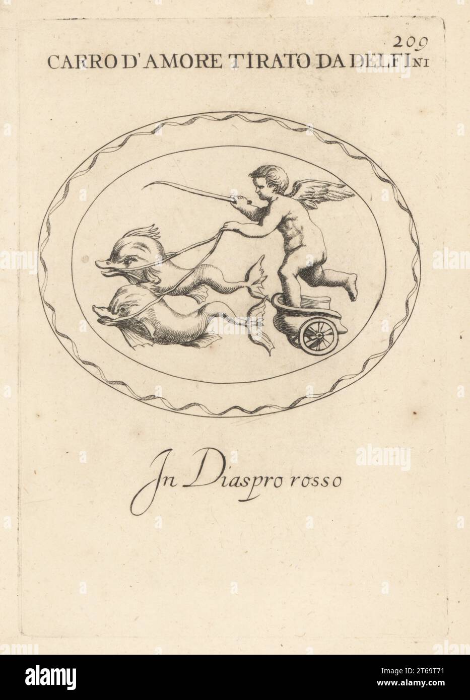 Cupid driving a chariot drawn by dolphins in red jasper. The dolphin is ...