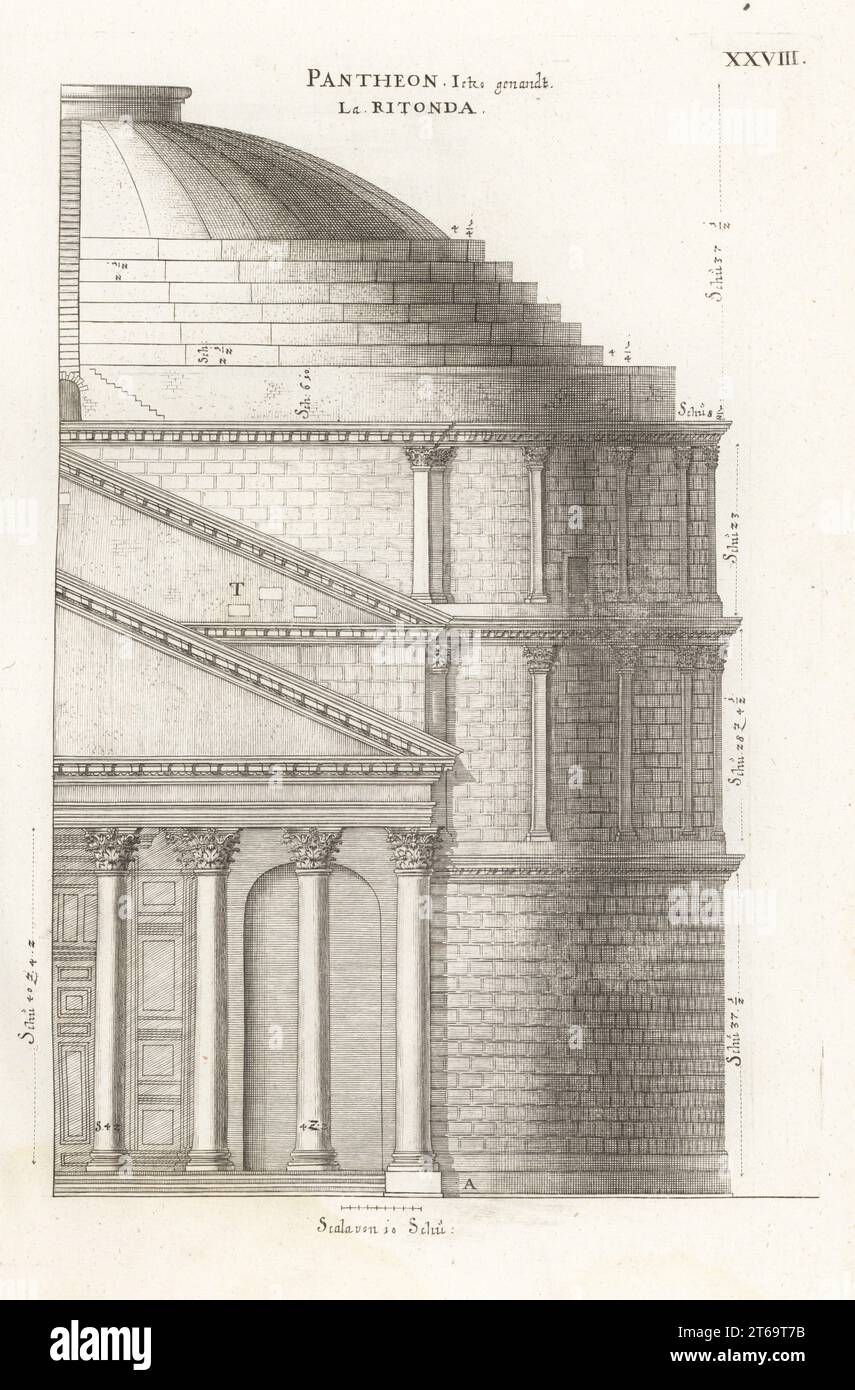 Half of the front facade of the Pantheon, Rome. Former Roman temple and ...