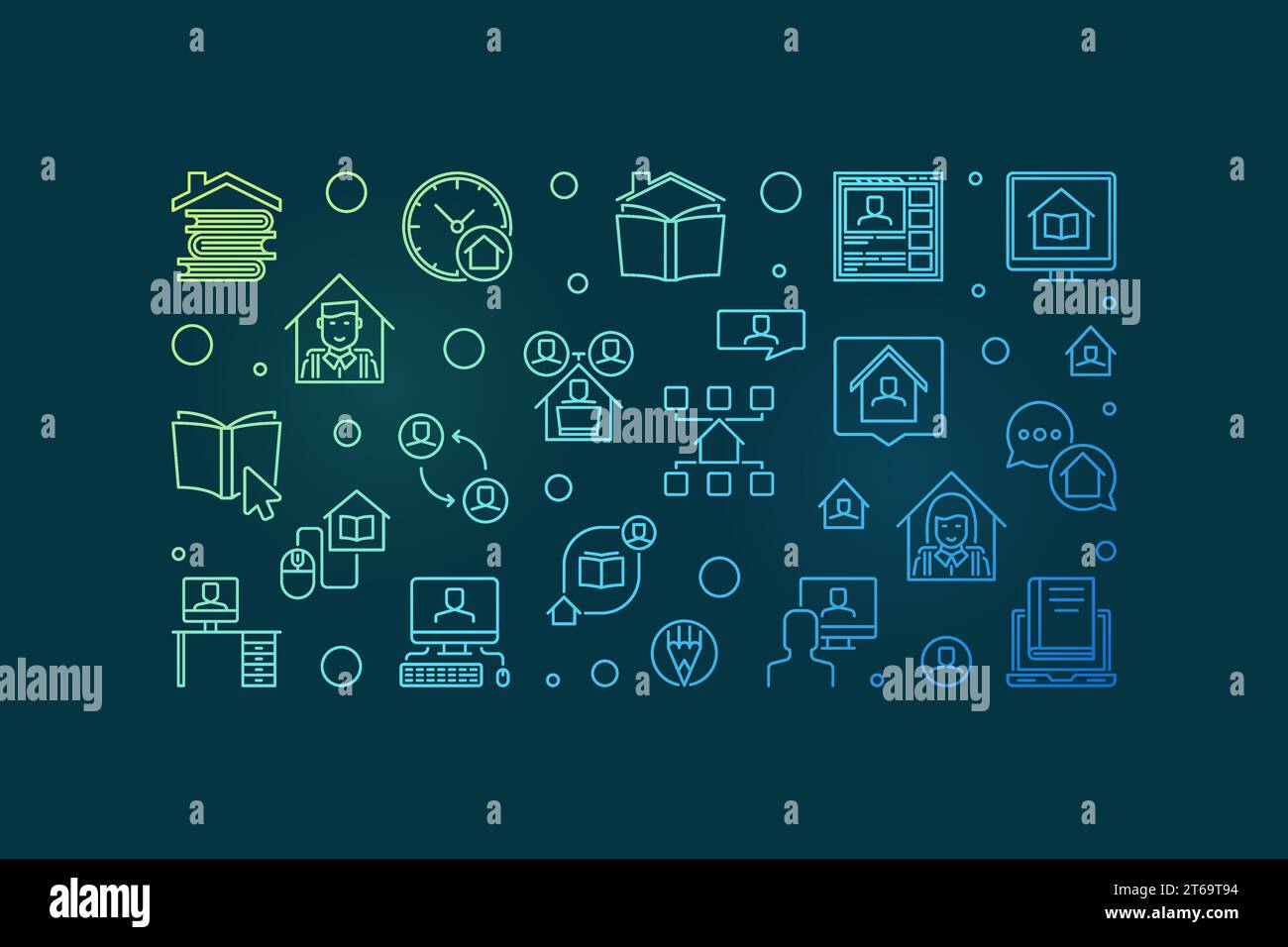 Homeschooling concept colorful horizontal banner in thin line style on ...