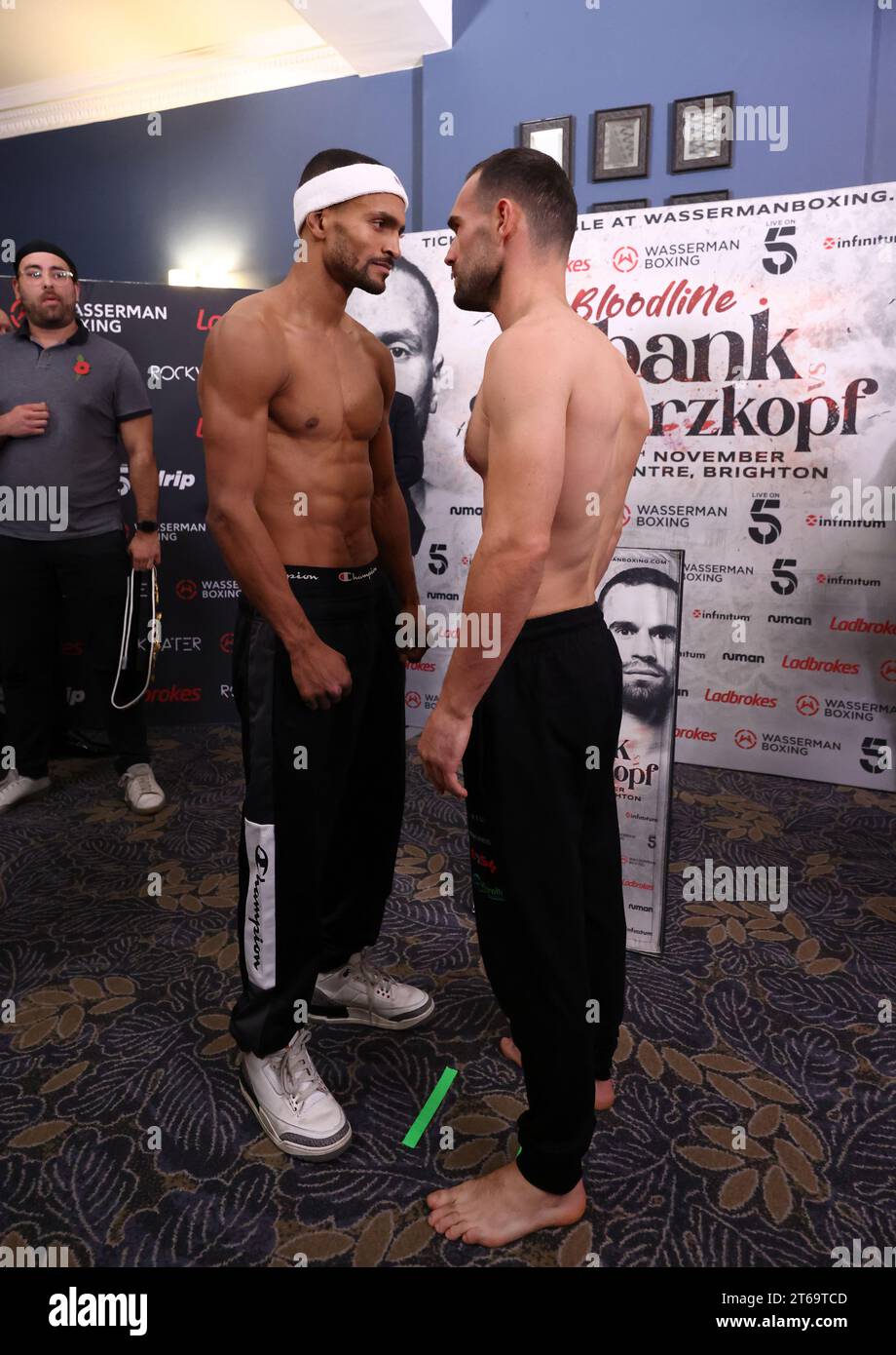 Brighton, UK. 9th Nov, 2023. Harlem Eubank and Timo Schwarzkopf face ...