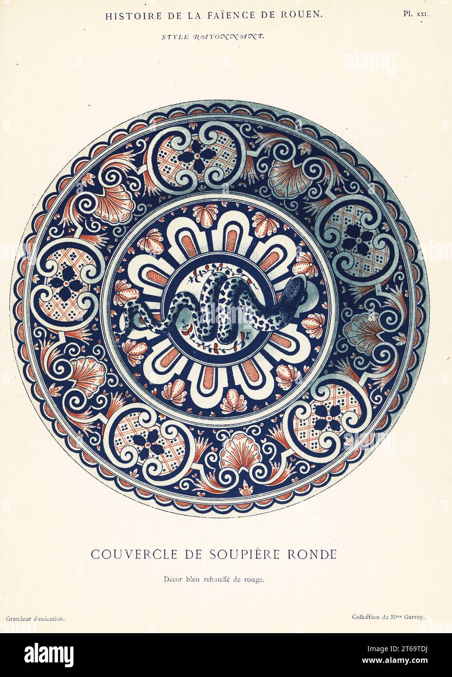 Cover of a round soup tureen, festoon style in blue and red, snake ...
