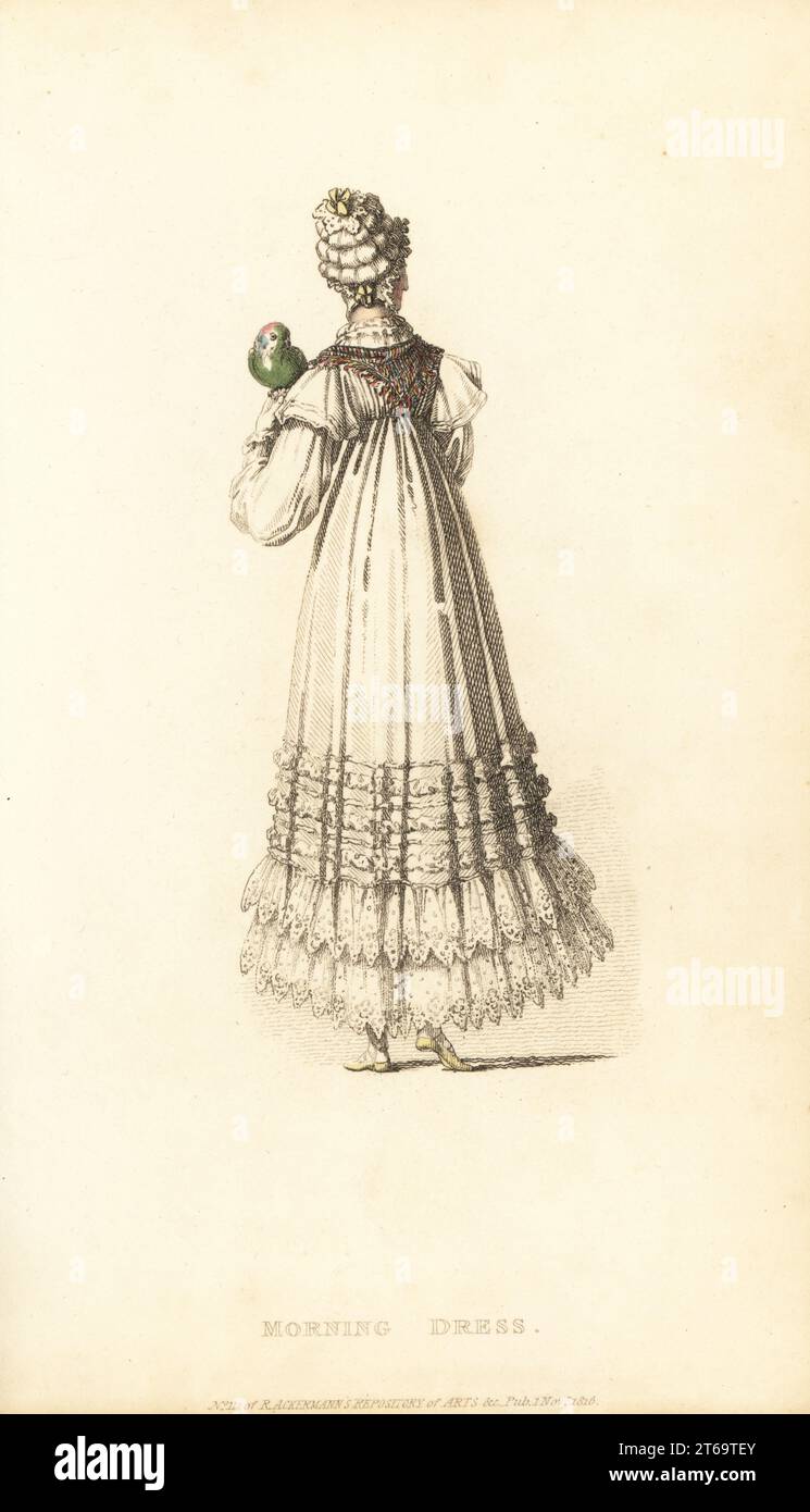 Regency lady in morning dress with pet parrot. Round dress in cambric ...
