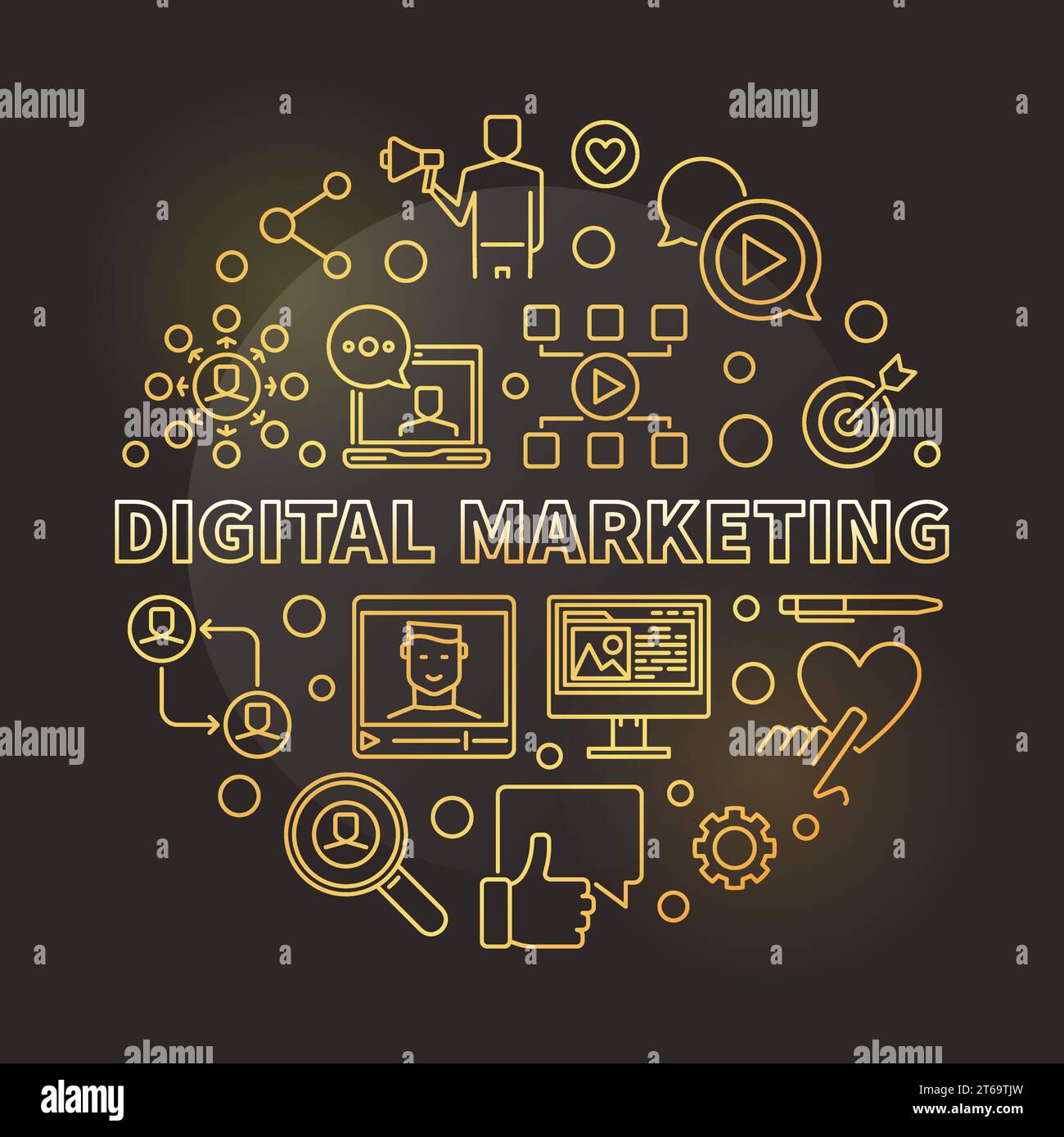 Digital Marketing vector round concept golden outline illustration on ...