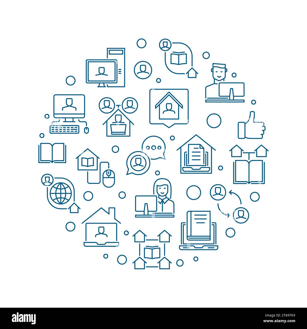 Online Courses linear vector Education concept round blue illustration ...