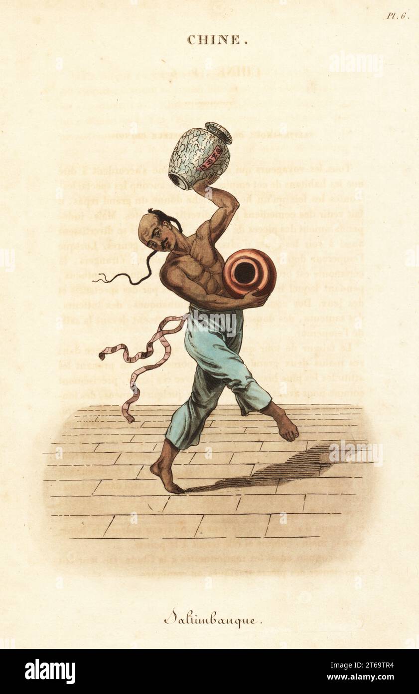 Chinese juggler dancing and juggling with two large China porcelain ...