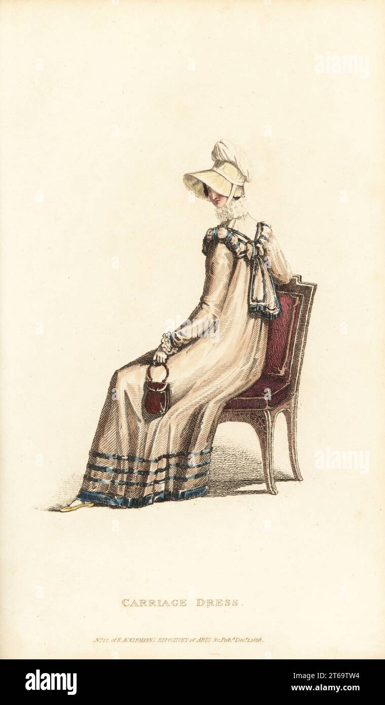 Regency lady in carriage dress seated on a chair, Gown of pale faun ...