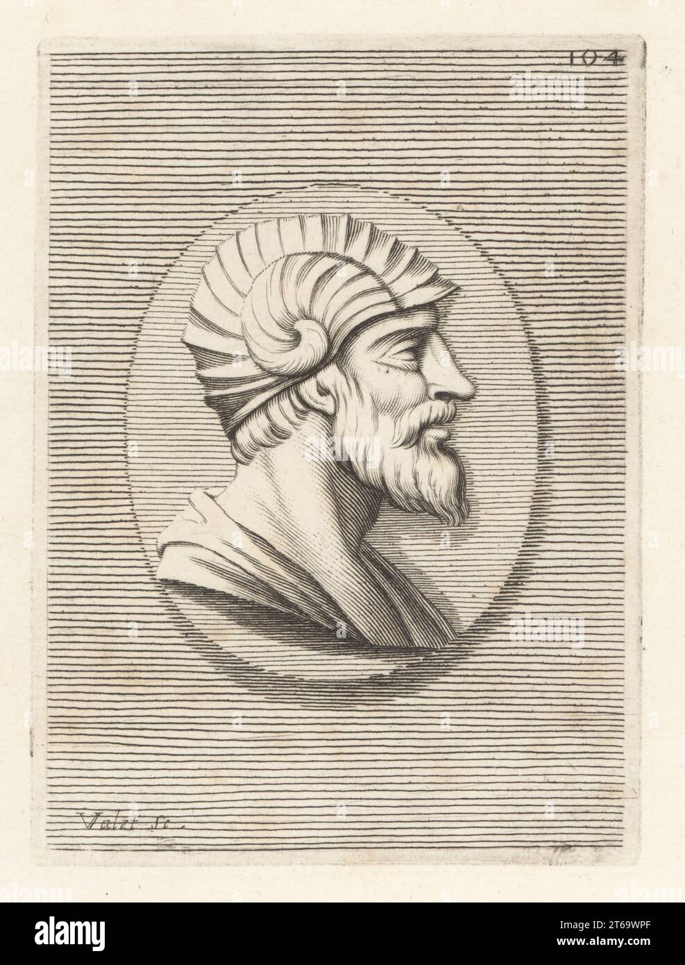 Oval portrait of a bearded man wearing a helmet with ram's horns, horns ...