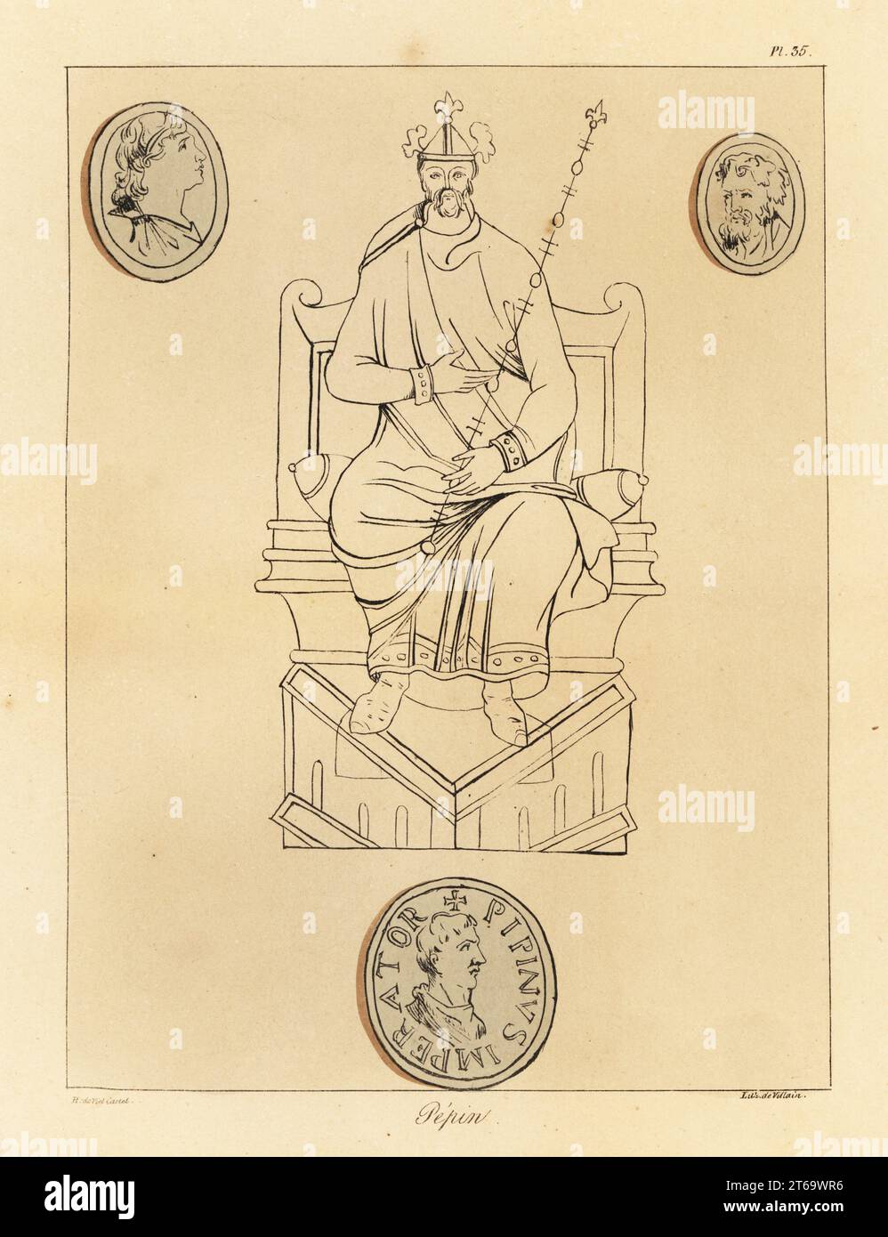 Portrait and coins of Pepin the Short (714-768), King of the Franks ...