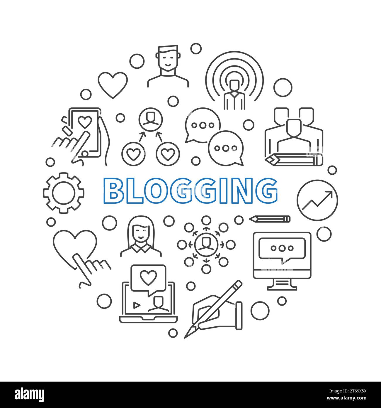 Blogging vector circular concept illustration or banner in outline ...